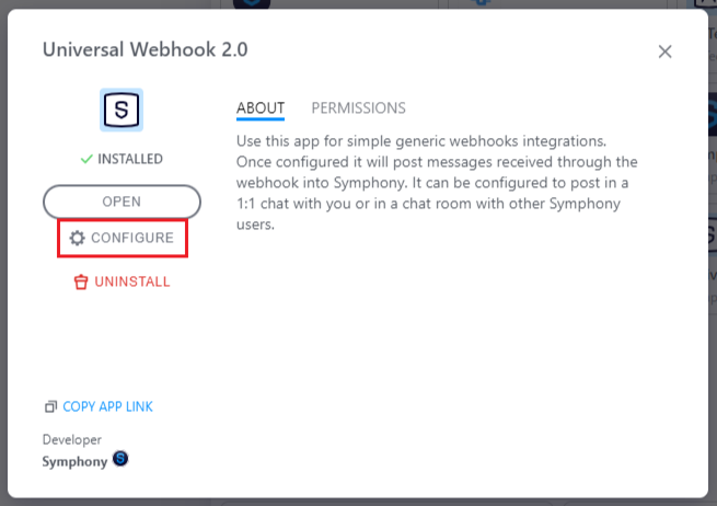 Install the Universal Webhook configuration app – Symphony Help Center